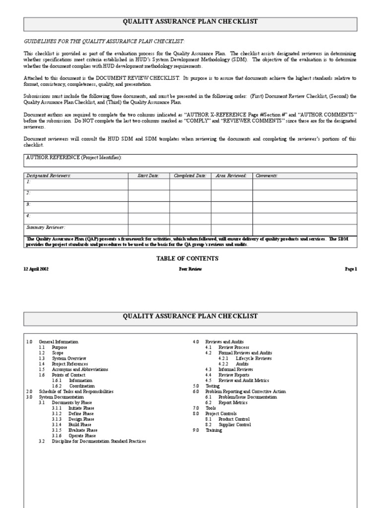 Guidelines For The Quality Assurance Plan Checklist | PDF ...