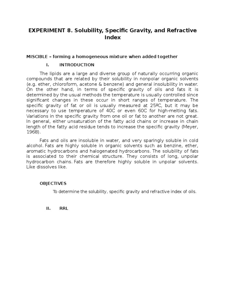 EXPERIMENT 8. Solubility, Specific Gravity, and Refractive Index | PDF