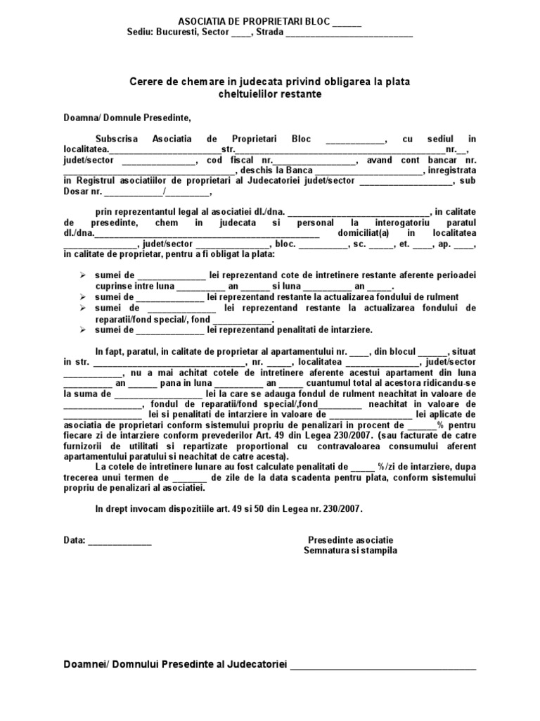 Cerere de Chemare in Judecata - Model Ett