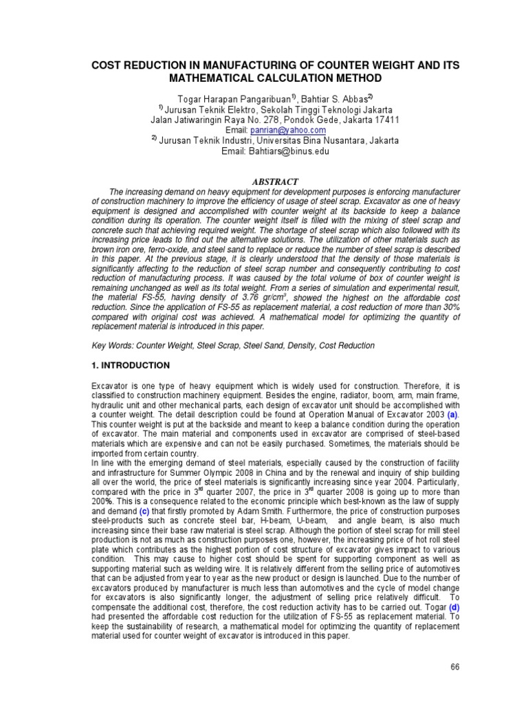 Cost Reduction in Manufacturing of Counter Weight and Its Mathematical ...