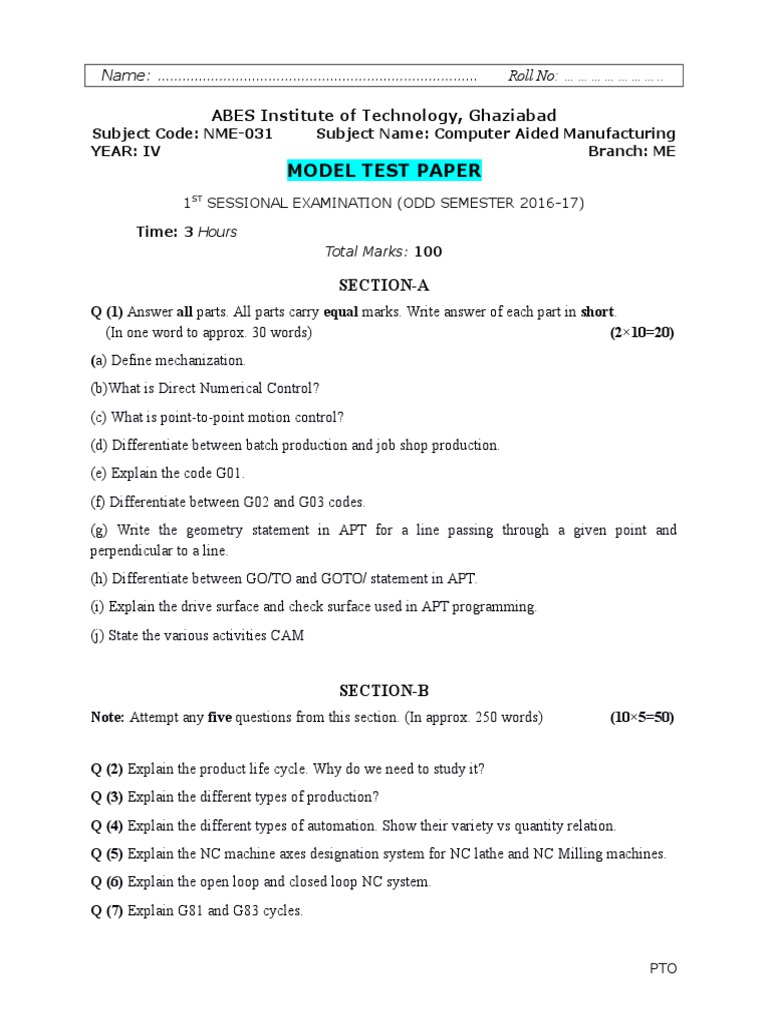 Model Test Paper: ABES Institute of Technology, Ghaziabad | PDF