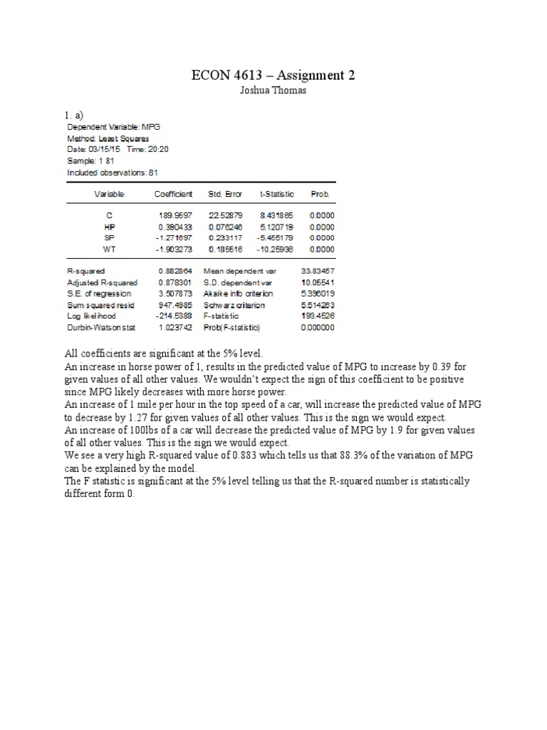 ECON 4613 - Assignment 2 | PDF | Heteroscedasticity | Autocorrelation