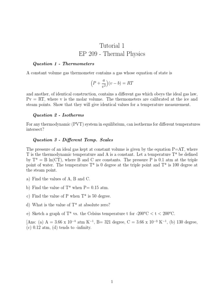Tutorial 1 EP 209 - Thermal Physics | PDF