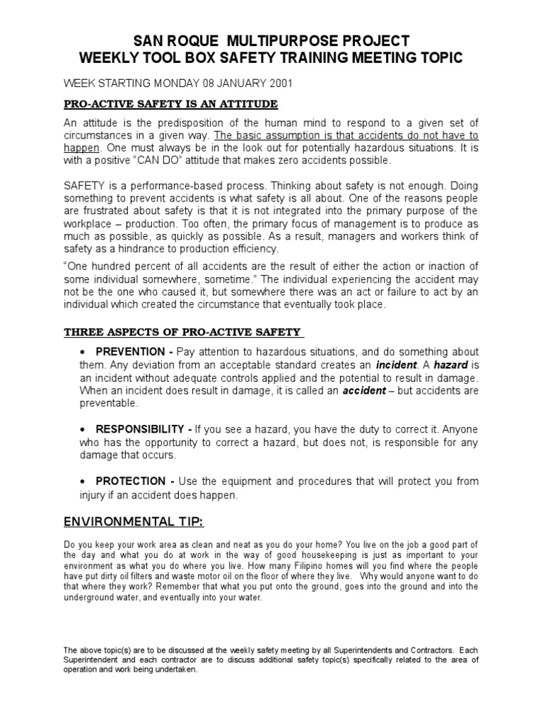 San Roque Multipurpose Project Weekly Tool Box Safety Training Meeting ...