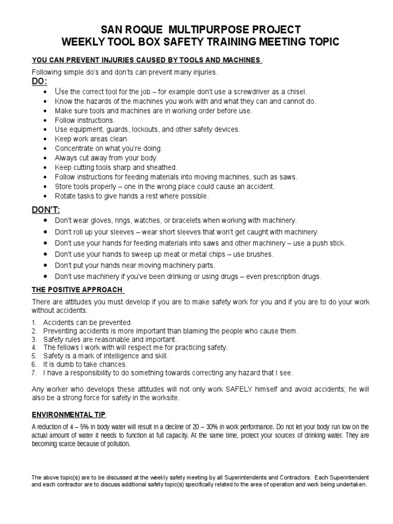 San Roque Multipurpose Project Weekly Tool Box Safety Training Meeting ...