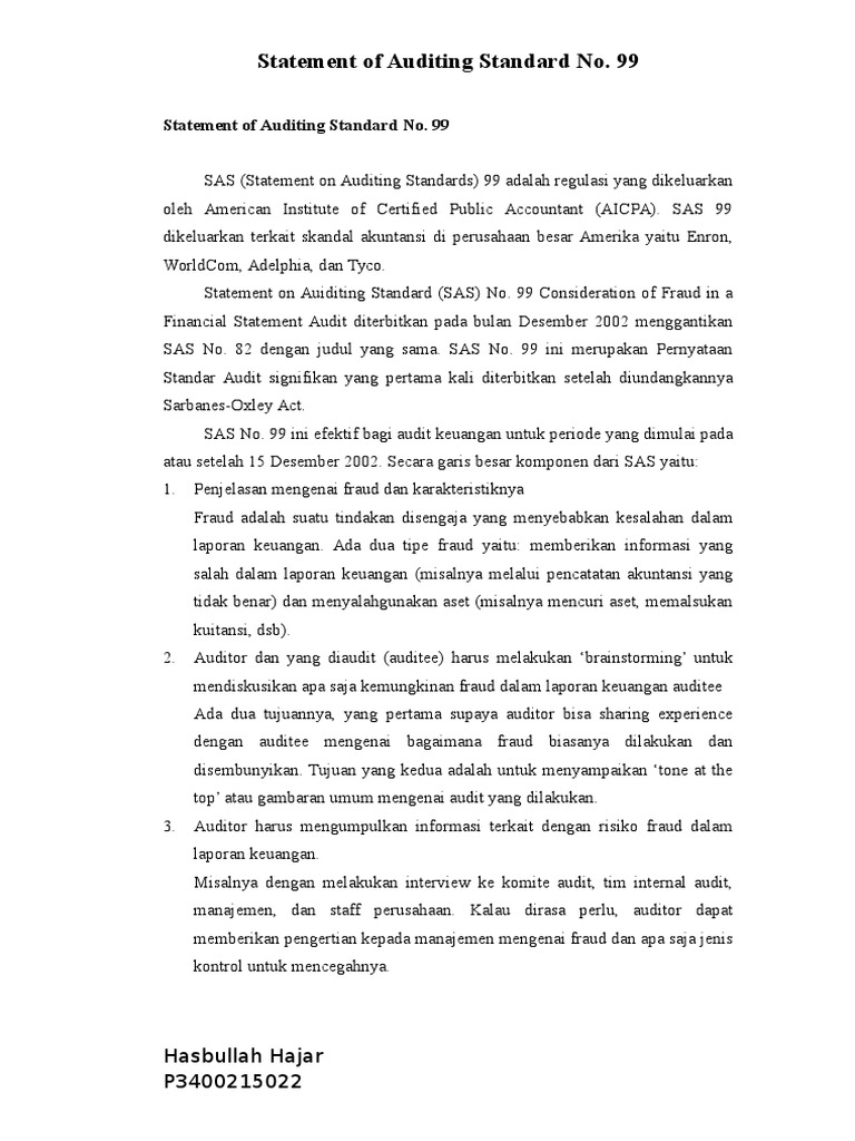 Statement of Auditing Standard No 99 | PDF