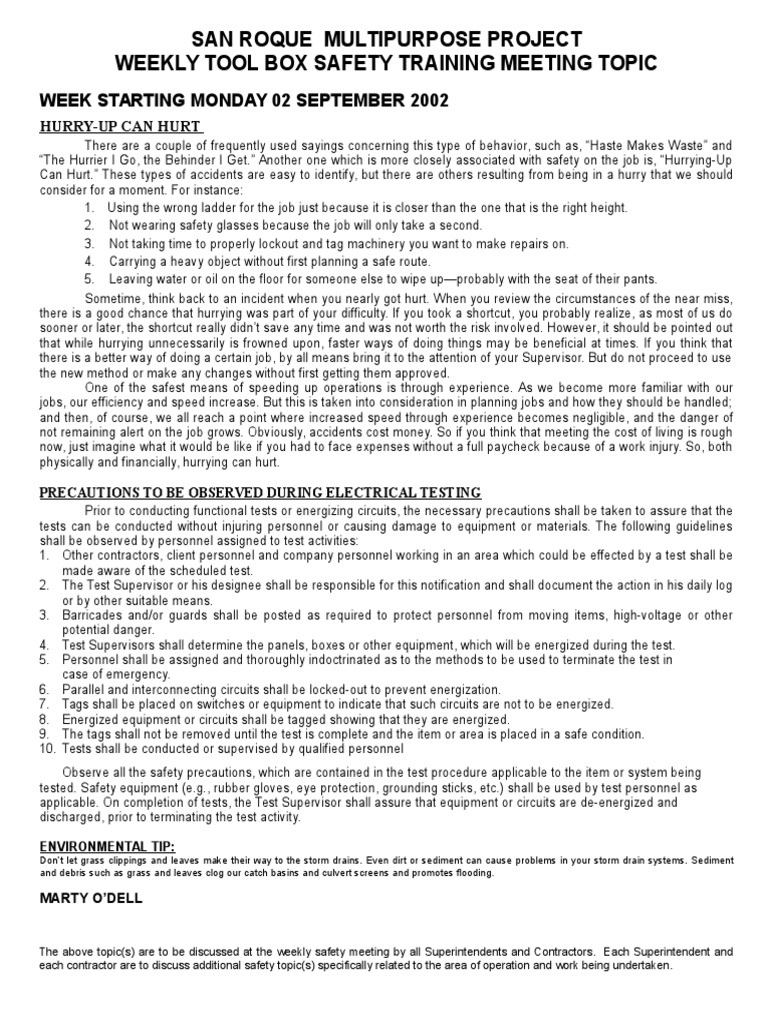 San Roque Multipurpose Project Weekly Tool Box Safety Training Meeting ...