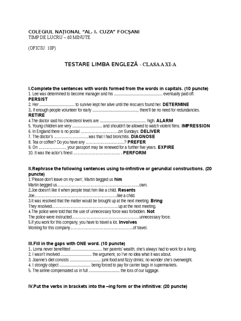 Testare Limba Engleză Clasa A Xi-A | PDF