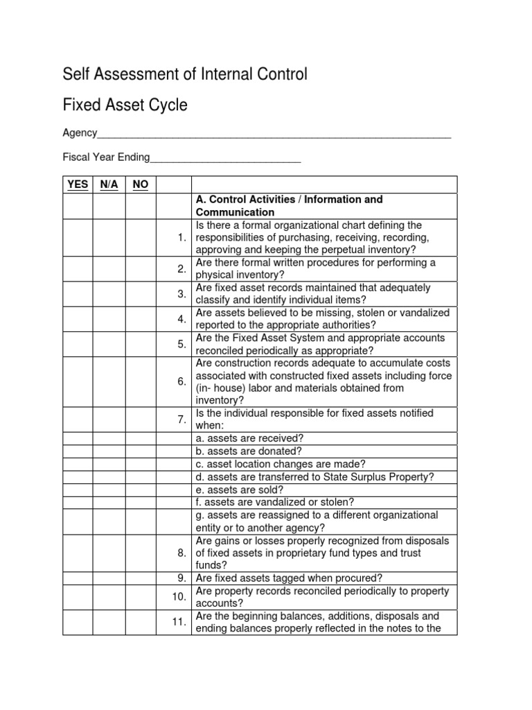 Self Assessment of Internal Control Fixed Asset Cycle: Yes N/A No A ...