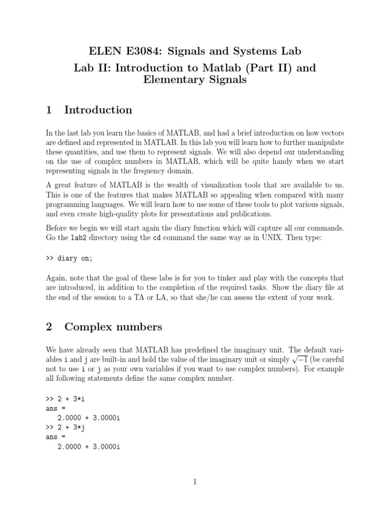 ELEN E3084: Signals and Systems Lab Lab II: Introduction To Matlab (Part II) and Elementary ...