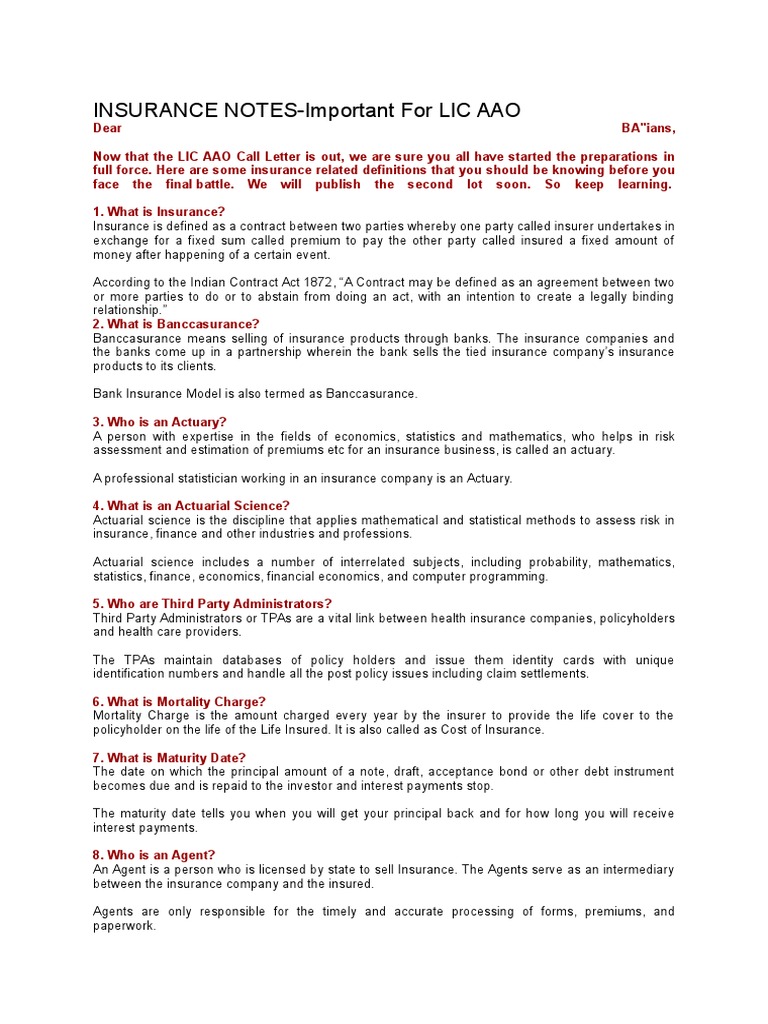 Insurance Notes-Important For Lic Aao | Download Free PDF | Actuarial ...