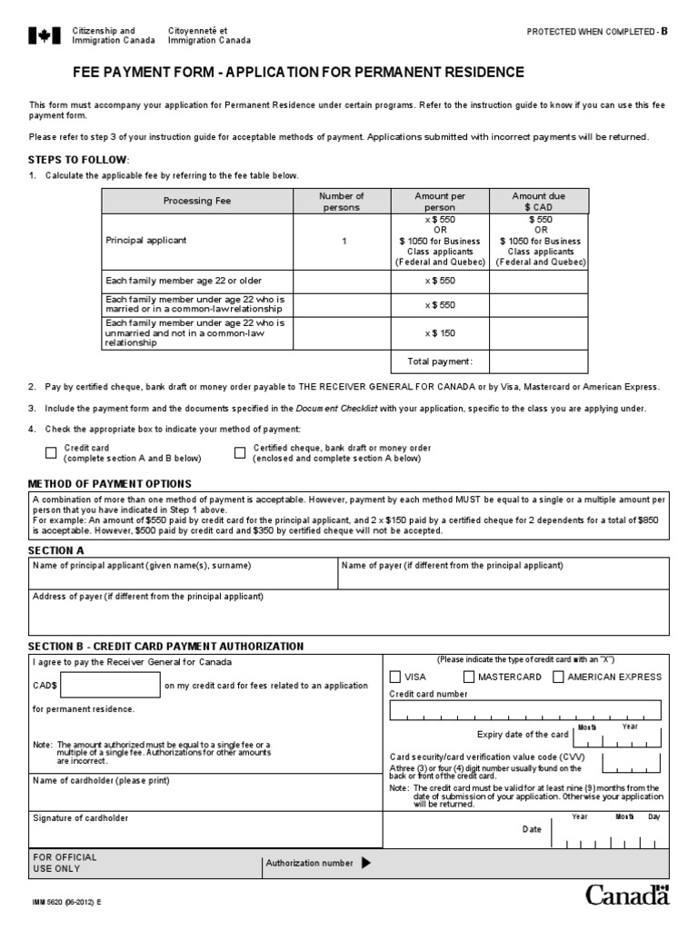 Fee Payment Form - Application For Permanent Residence: Protected When Completed | PDF | Credit ...