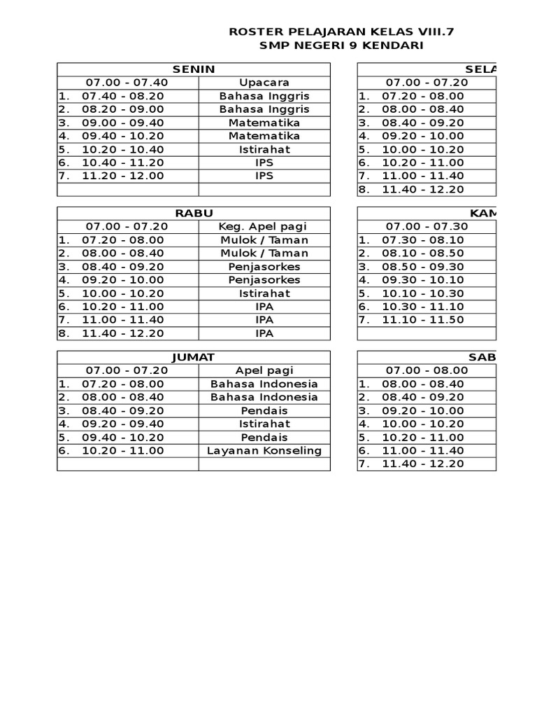 Roster Pelajaran Kelas Viii.7 SMP Negeri 9 Kendari Senin Selasa | PDF ...