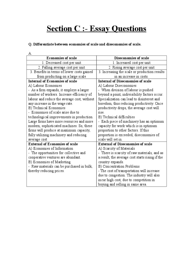 Section C:-Essay Questions: Q. Differentiate Between Economies of Scale ...