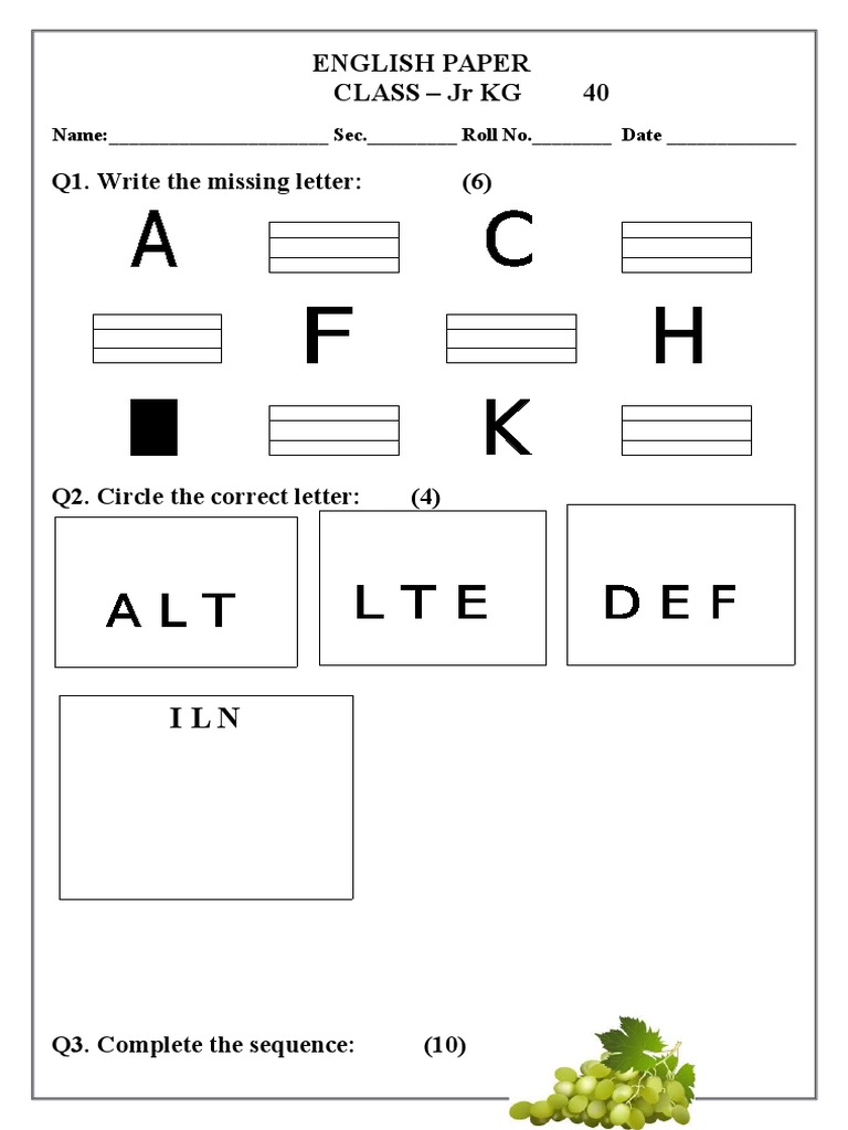 Jr Kg Exam Paper Sample English Pdf Examples Papers