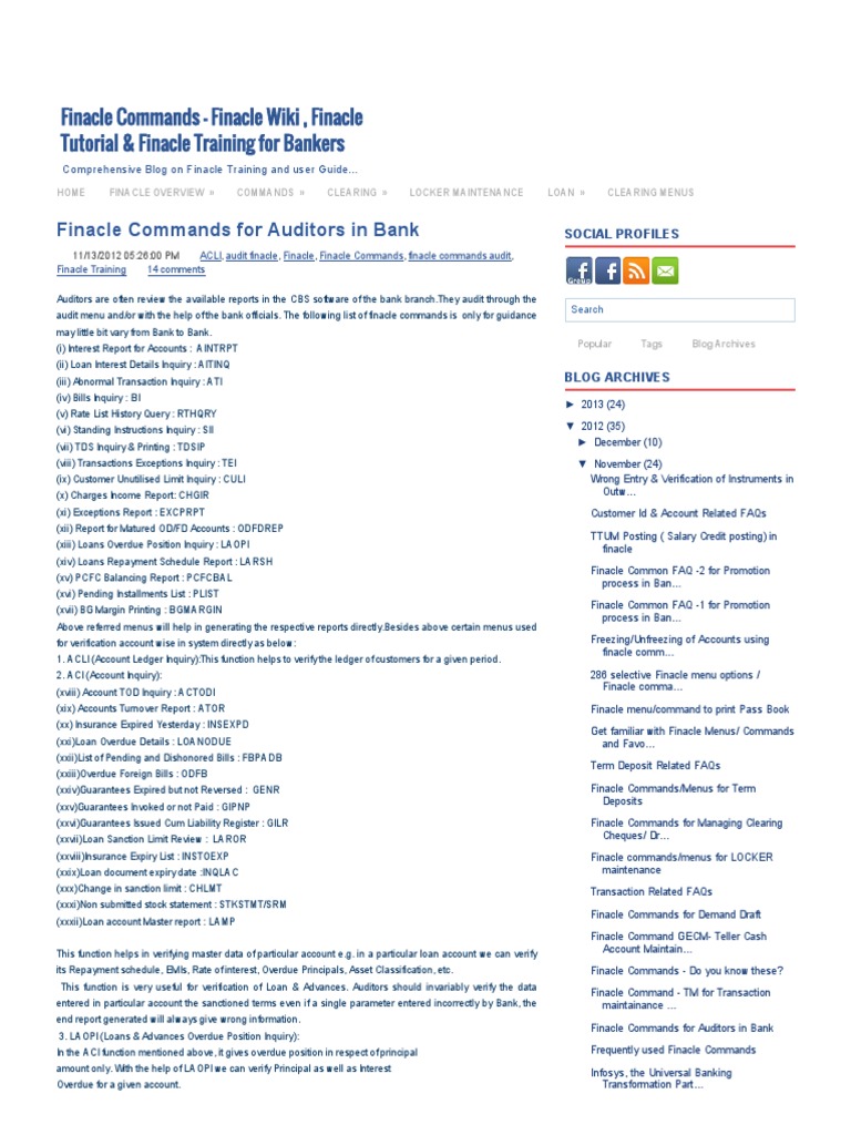 Finacle Commands For Bankers | PDF | Menu | Debits And Credits