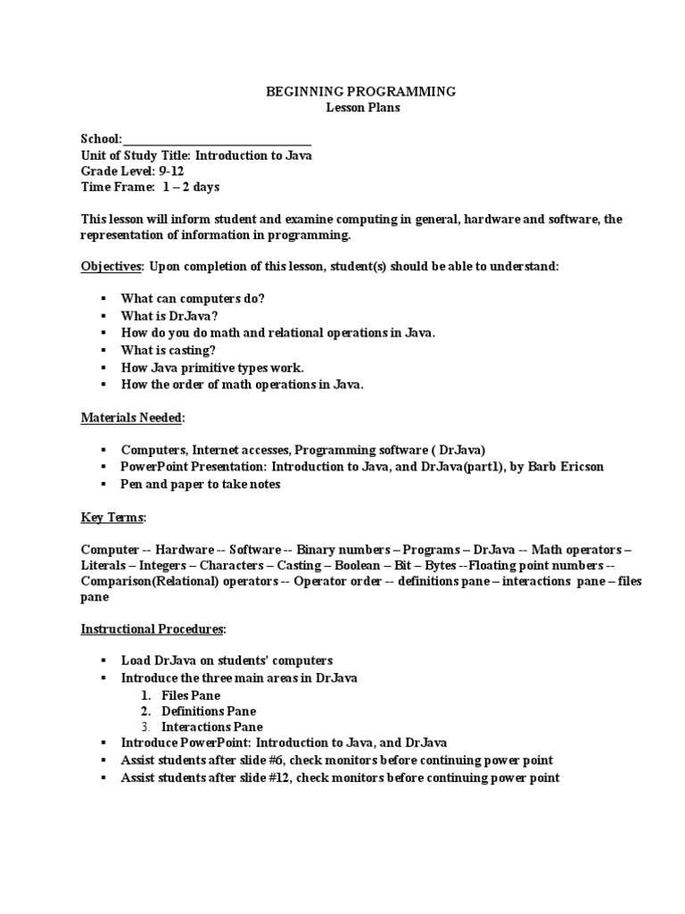 Beginning Programming Lesson Plan Pdf Data Type Integer Computer