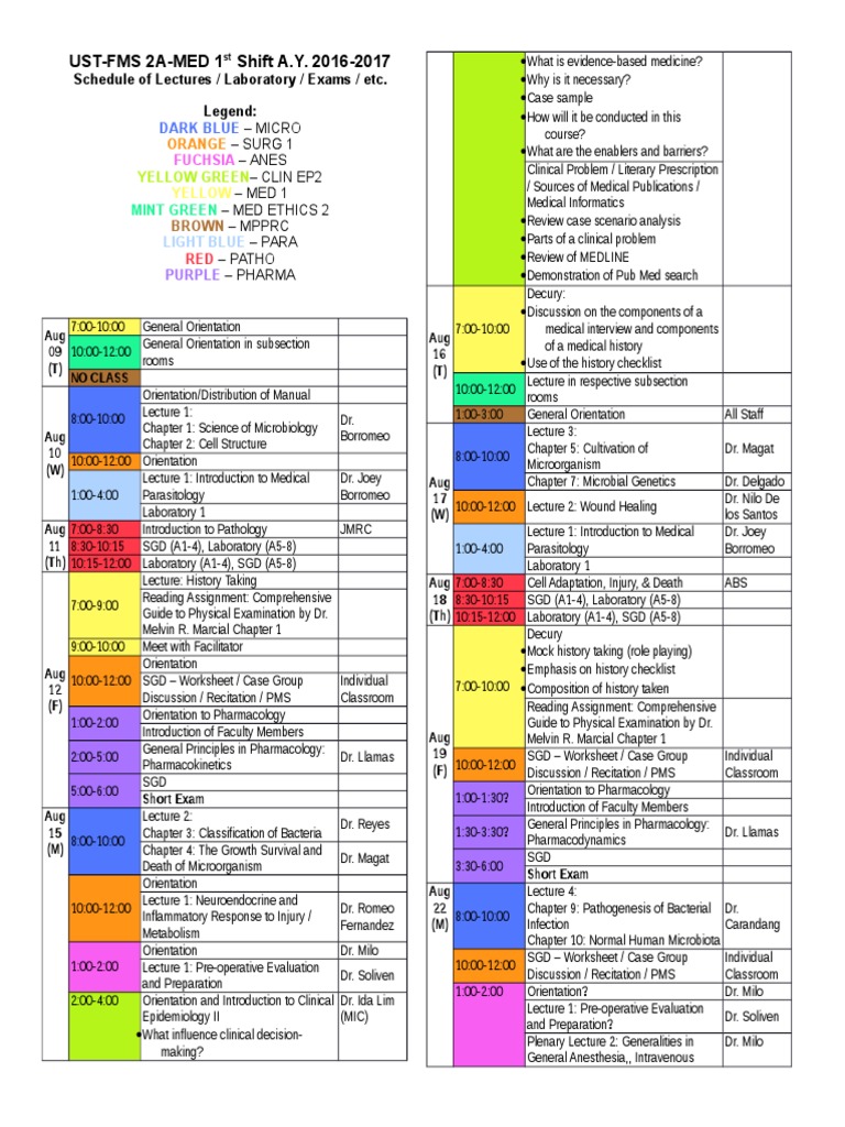 UST-FMS Medical Schedule 2016-2017 | PDF | Anesthesia | Medicine