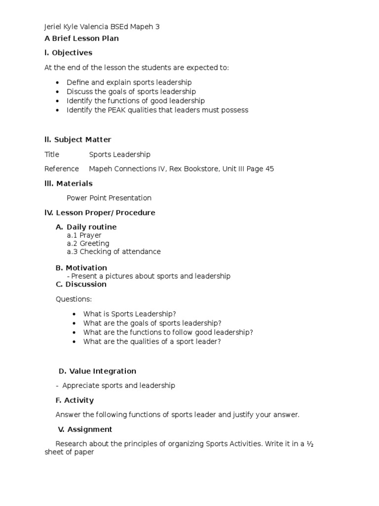 Sports Leadership Lesson Plan Overview | PDF | Career & Growth | Sports ...
