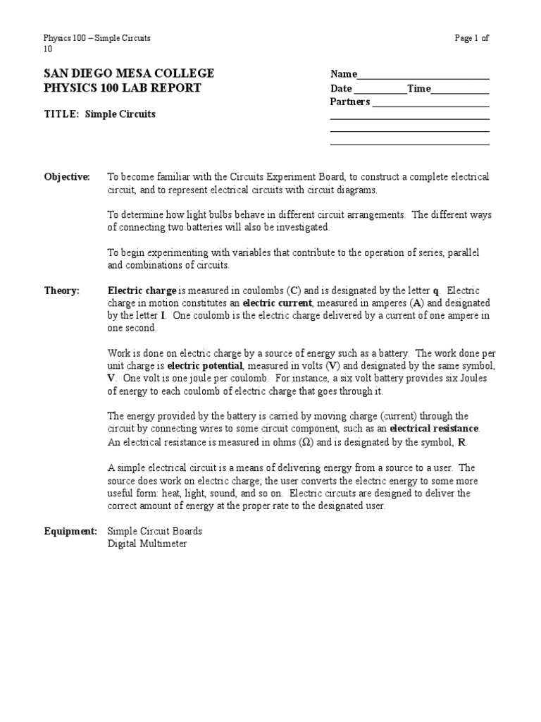San Diego Mesa College Physics 100 Lab Report | PDF | Series And ...