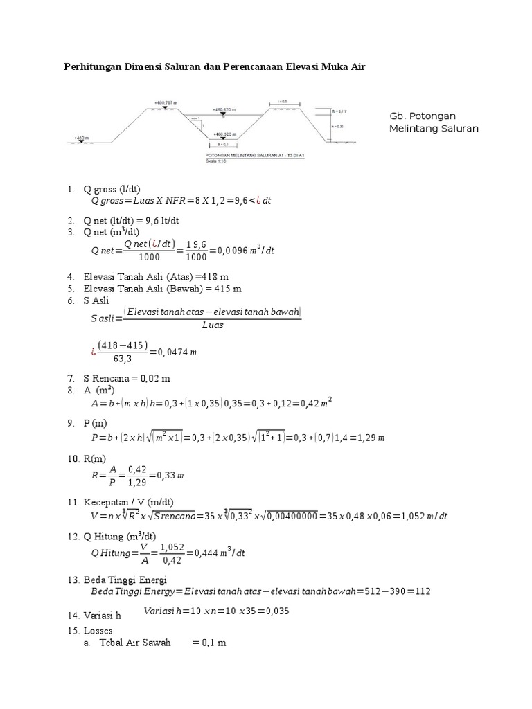 Perhitungan Dimensi Saluran Dan Perencanaan Elevasi Muka Air | PDF