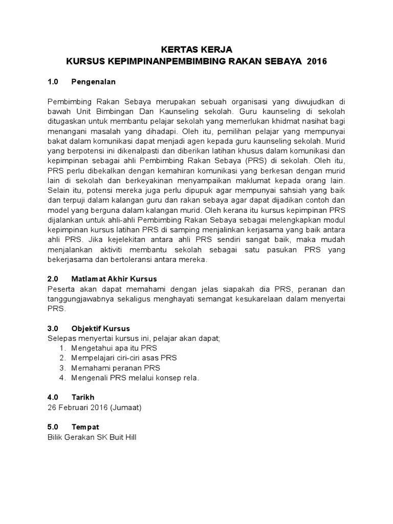 Kertas Kerja Kursus Kepimpinan PRS 2016 | PDF