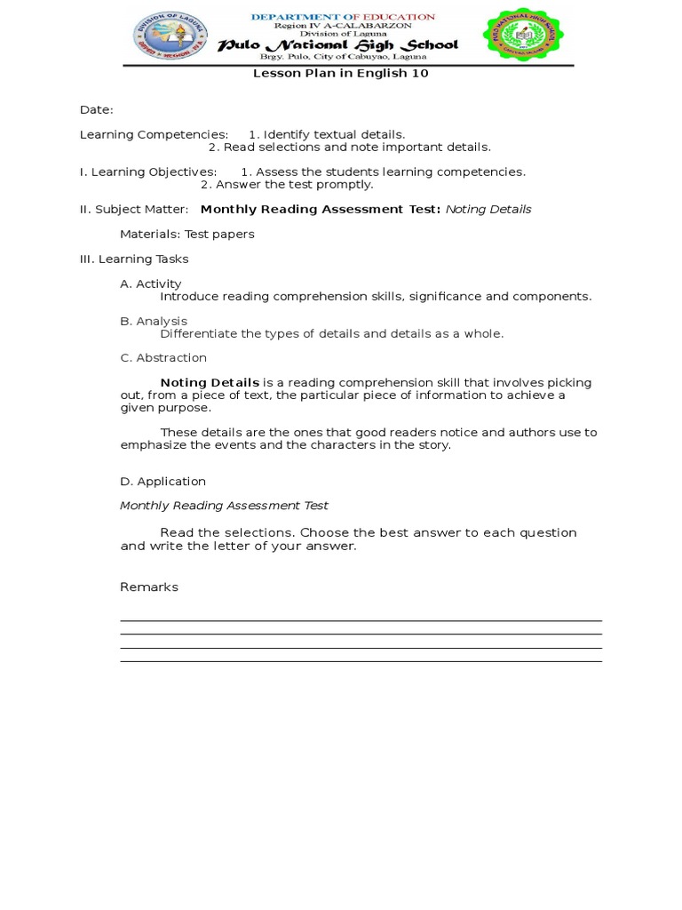 Lesson Plan Noting Details | PDF | Lesson Plan | Reading Comprehension