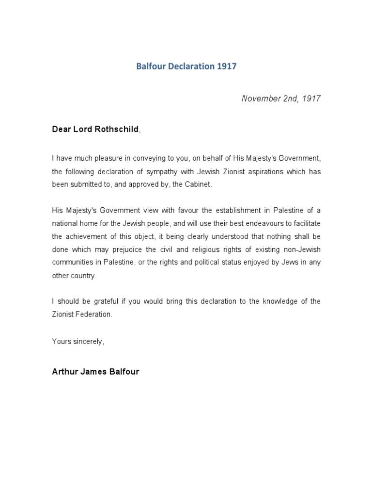 Balfour Declaration of 1917 Explained | PDF | Mandatory Palestine | Zionism