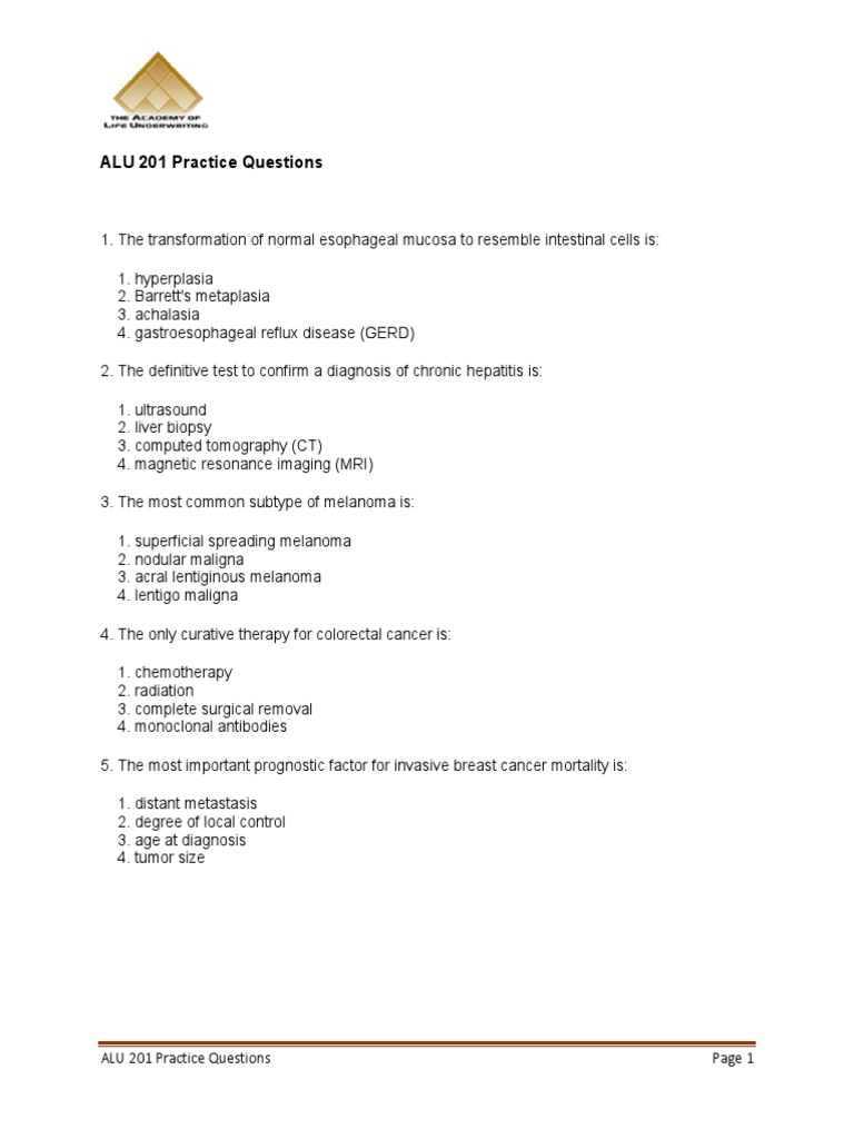 ALU 201 Practice Questions | PDF | Ischemia | Prostate Specific Antigen