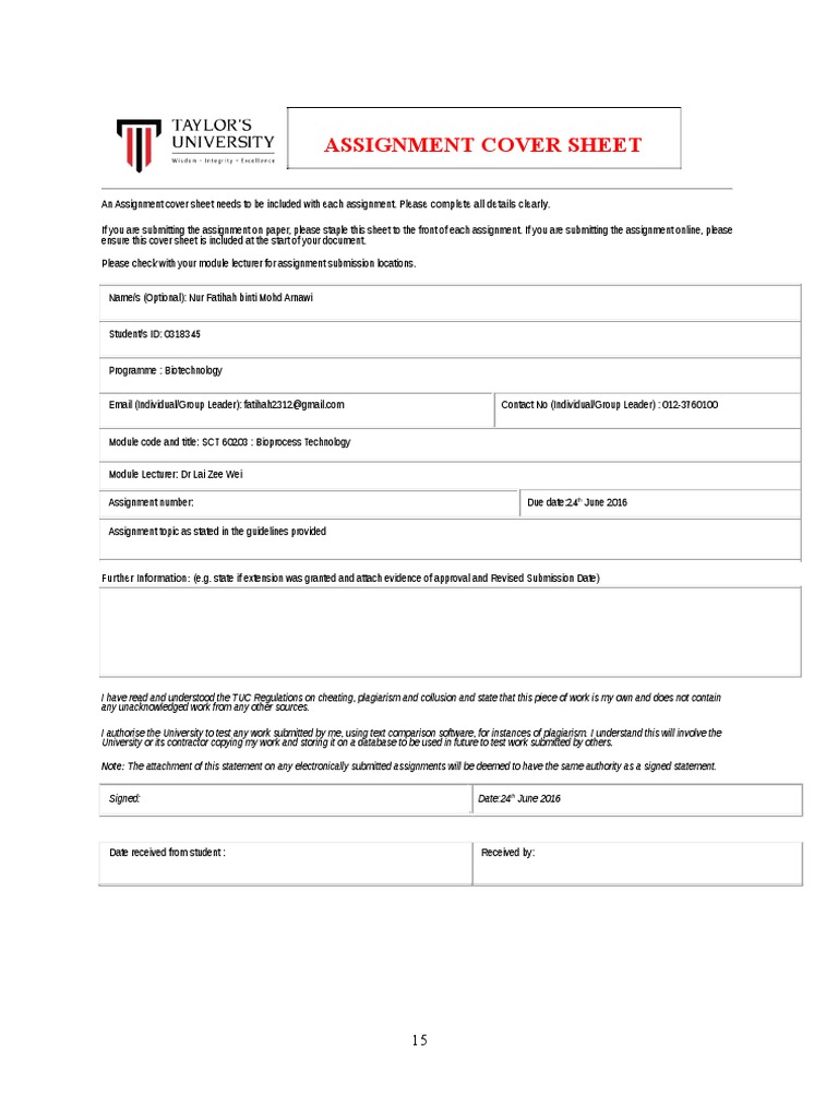 Assignment Cover Sheet | PDF | Glutamic Acid | Biochemistry