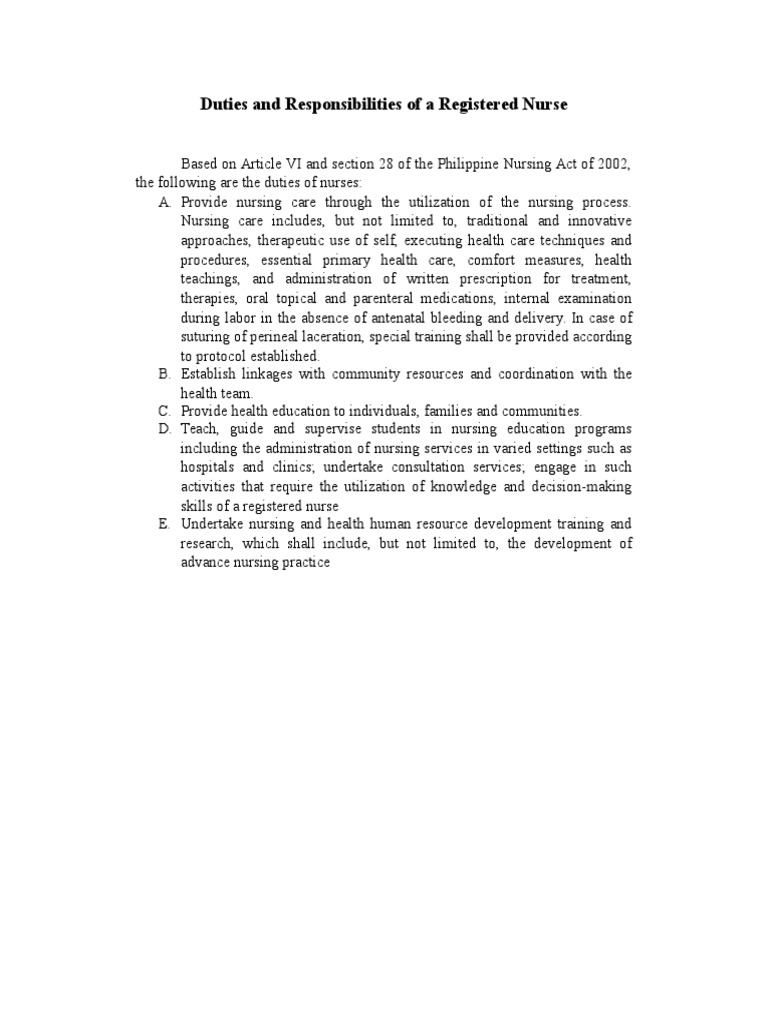 Duties and Responsibilities of A Registered Nurse | PDF | Nursing ...