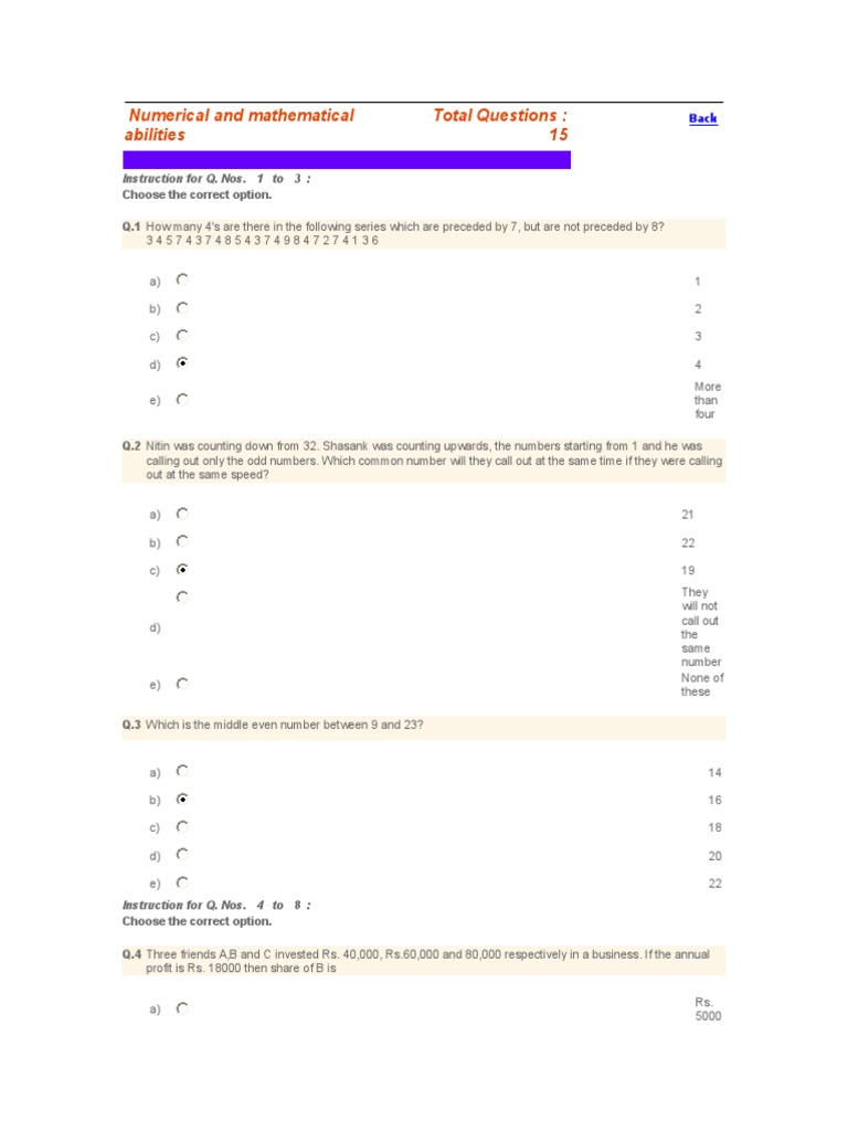 Numerical and Mathematical Abilities Total Questions: 15: Instruction For Q. Nos. 1 To 3 | PDF ...