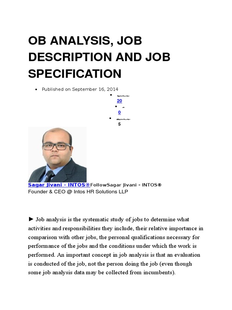 Ob Analysis, Job Description and Job Specification: Published On ...
