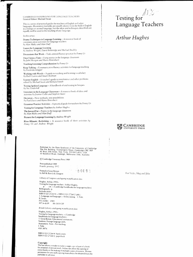 Testing For Language Teachers Arthur Hughes PDF | PDF