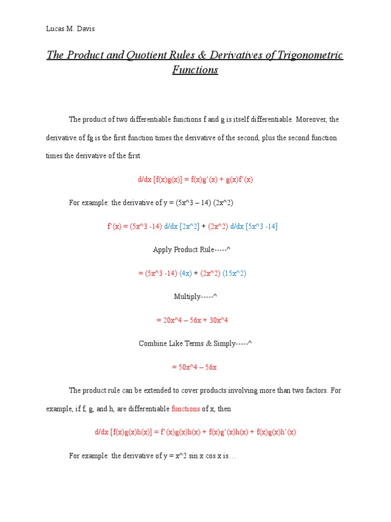 The Product and Quotient Rules & Derivatives of Trigonometric Functions ...