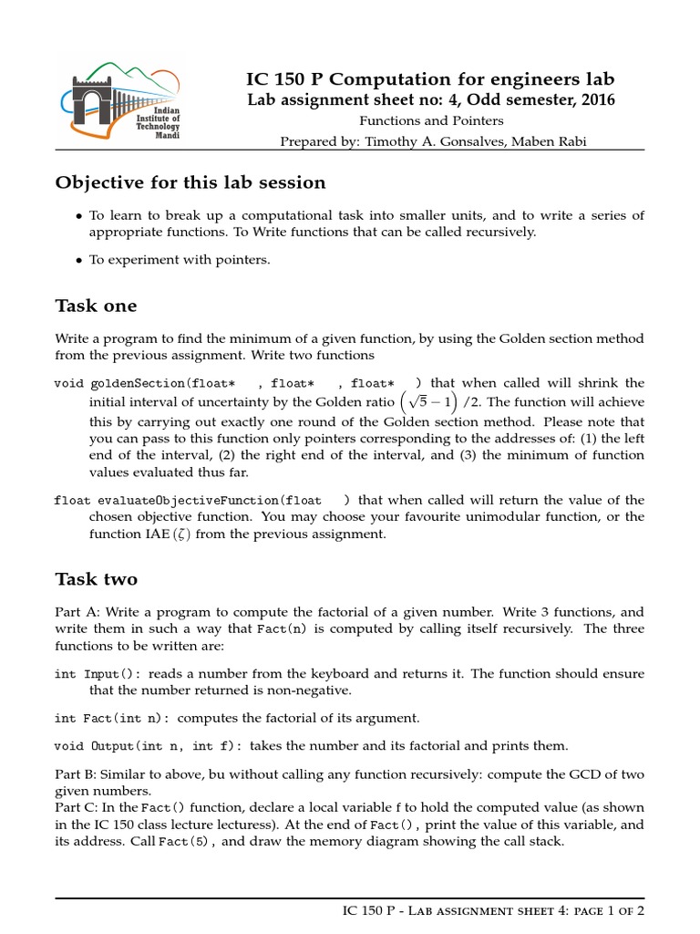 IC 150 P Computation For Engineers Lab: Lab Assignment Sheet No: 4, Odd Semester, 2016 | PDF ...