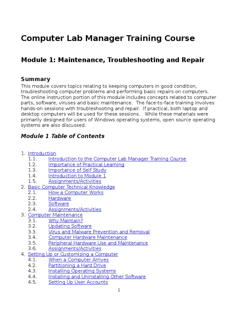 Computer Lab Manager Training Module 1 Maintenance, Troubleshooting and ...