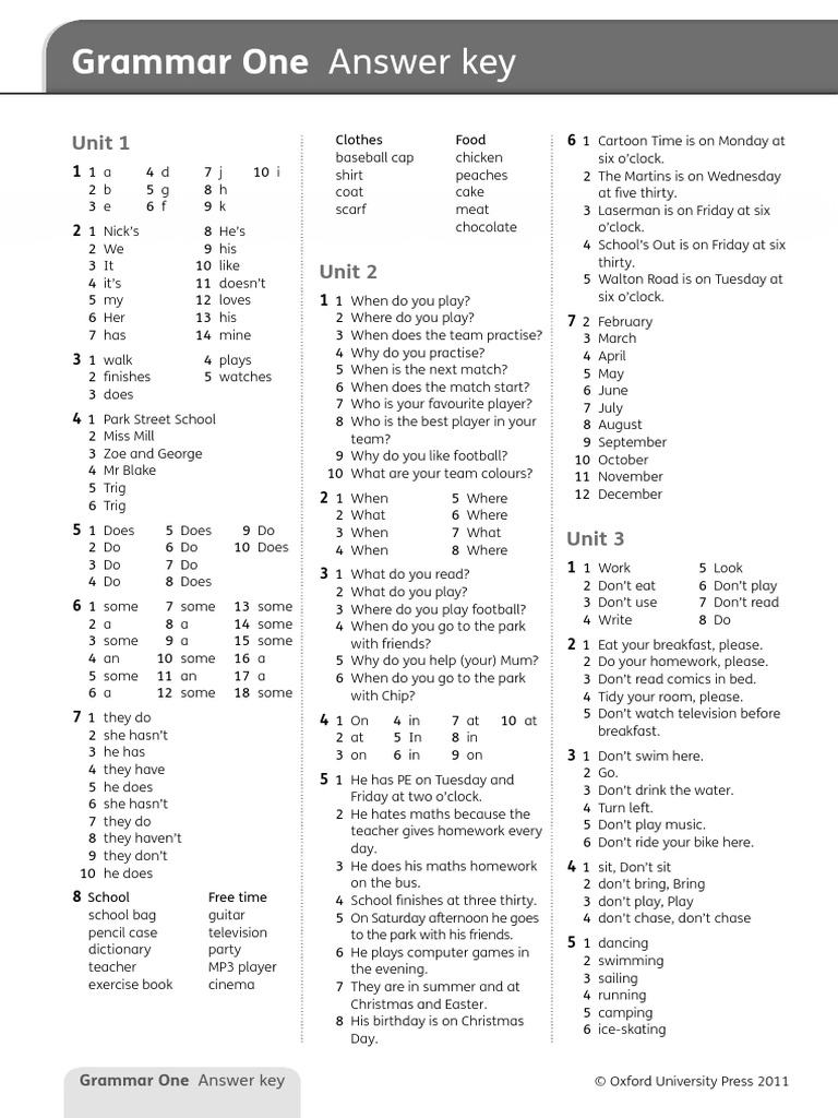 Grammar One Answer Key: Unit 1 | PDF