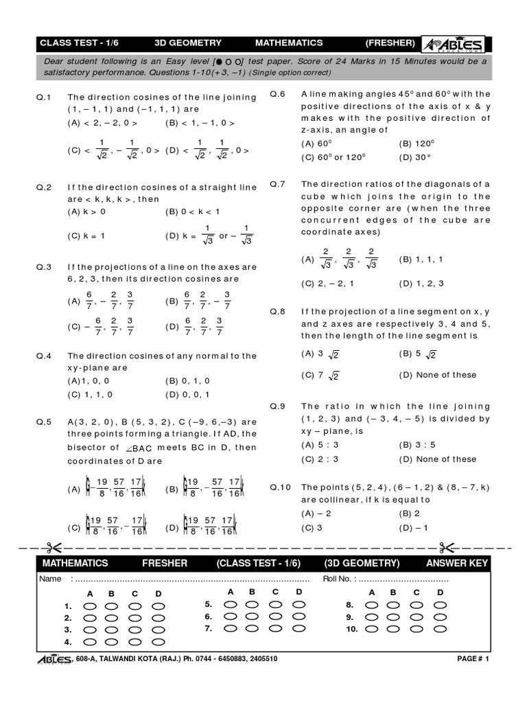 3D Geometry Mathematics PDF | PDF | Line (Geometry) | Trigonometric Functions