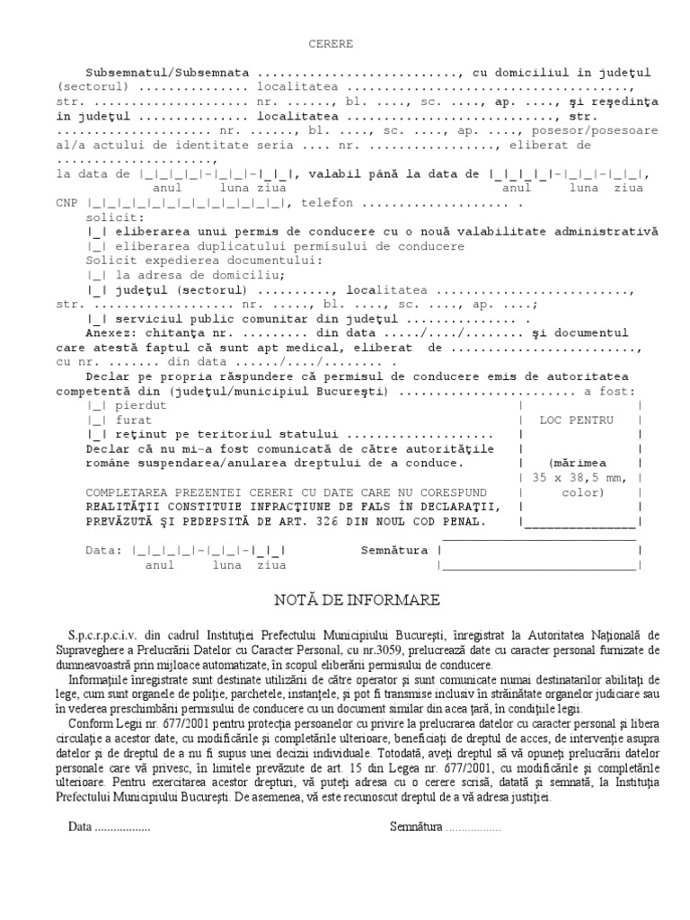 Cerere Eliberare Permis de Conducere Romanesc
