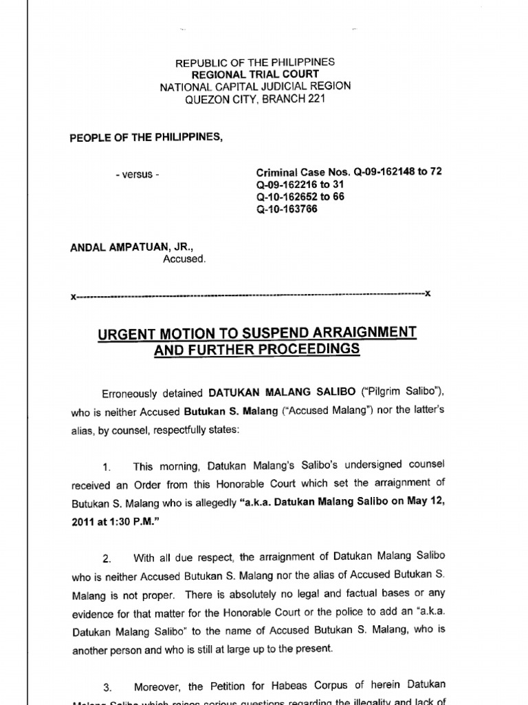Motion To Suspend Arraignment Sample PDF | PDF