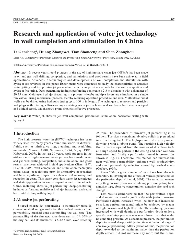 Research and Application of Water Jet Technology in Well Completion and ...
