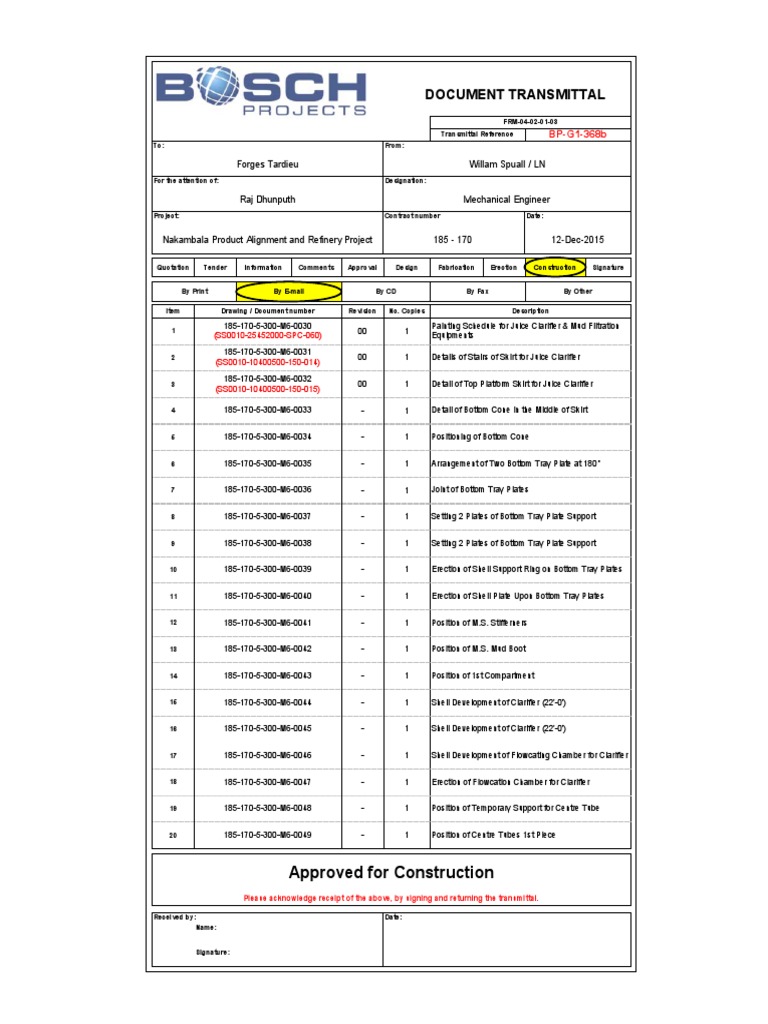 Document Transmittal: Approved For Construction | PDF