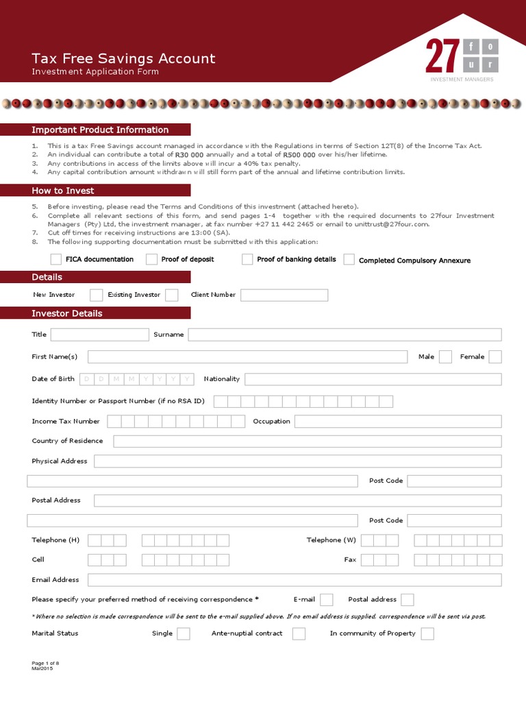 27four Tax Free Savings New Investment Form | PDF | Investment Fund ...