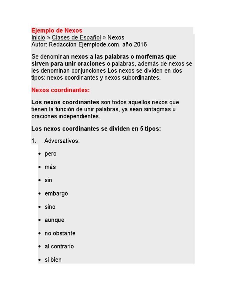 Ejemplos y Tipos de Nexos en Español | PDF | Oración (Lingüística ...