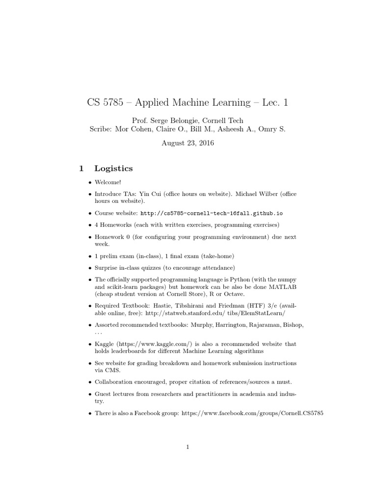 CS 5785 - Applied Machine Learning - Lec. 1: 1 Logistics | PDF | Cross ...