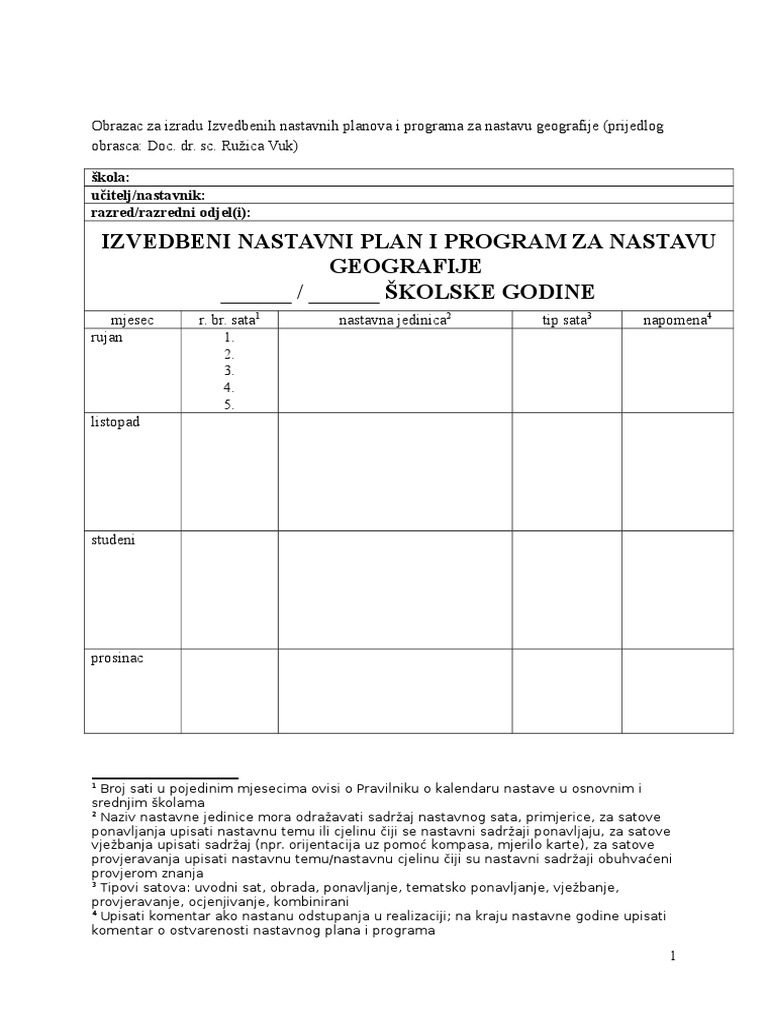 R. Vuk Obrazac Za Izradu INPP I Pripreme Za Nastavni Sat | PDF