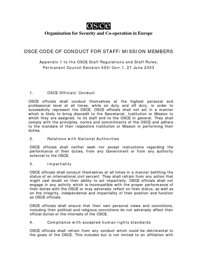 Osce Code of Conduct For Staff | PDF | Organization For Security And Co ...