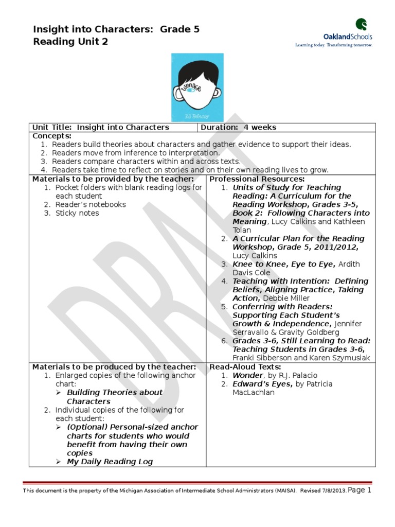 Insight Into Characters: Grade 5 Reading Unit 2 | PDF | Reading ...