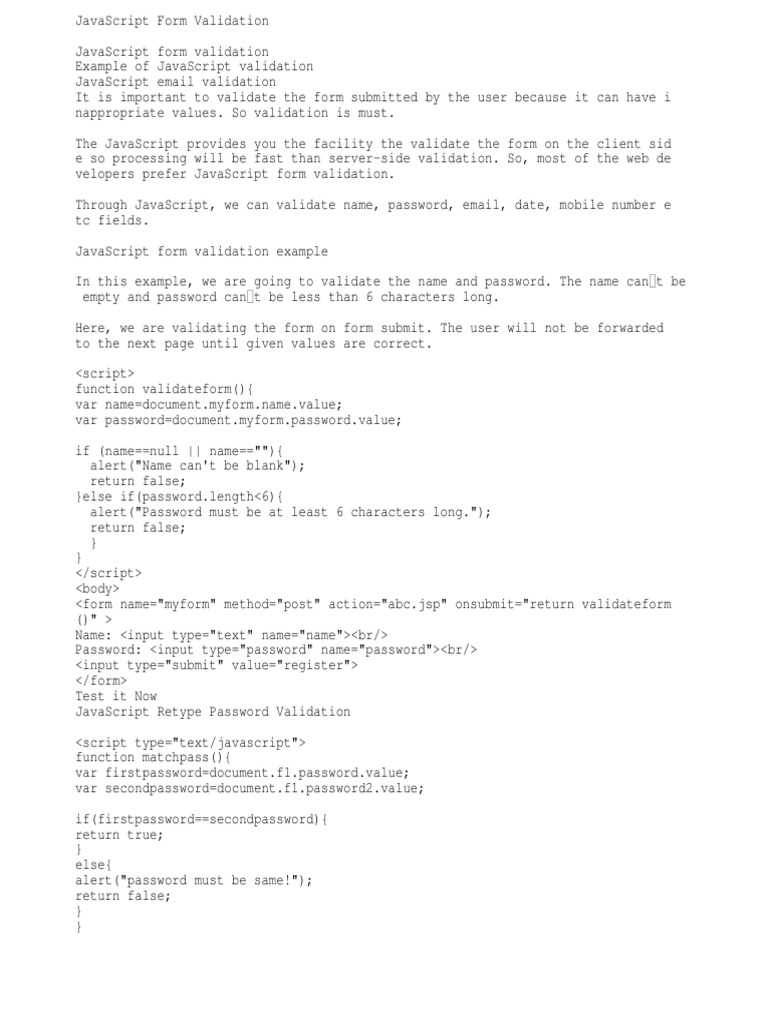 Form Validation | PDF | Java Script | Document Object Model Form Validation | PDF | Java Script | Document Object Model
